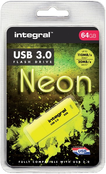 USB stick 3.0 Integral Neon USB-A 64GB geel bij Masco ...